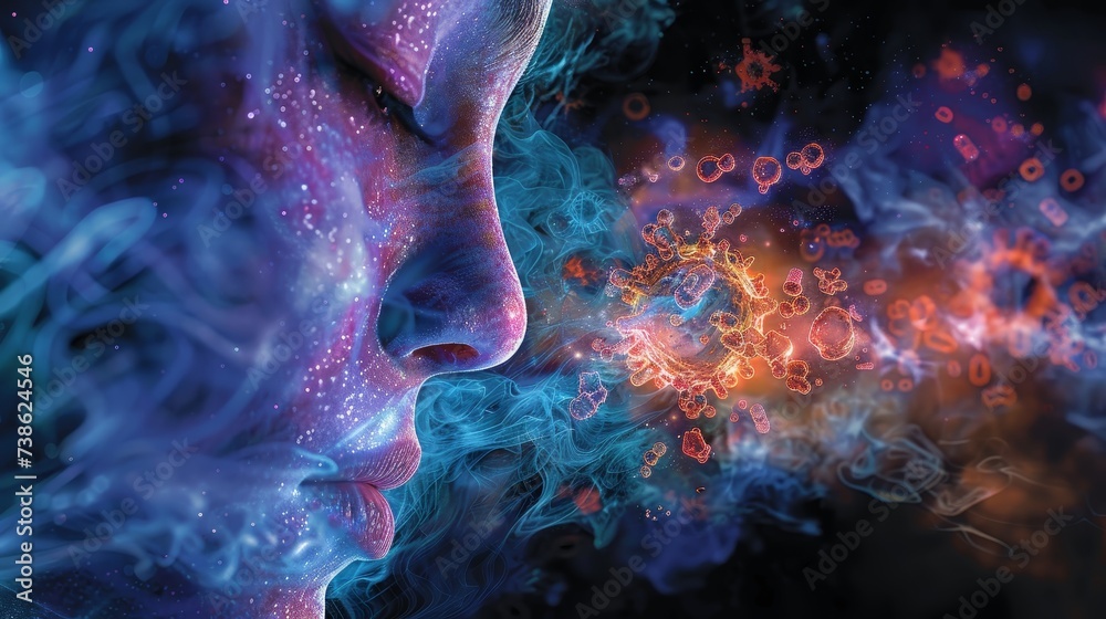 An artistic depiction of a human profile blended with cosmic viral ...