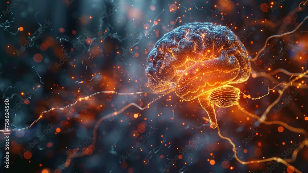 A digital visualization of a human brain neural network with synaptic sparks, representing the ...