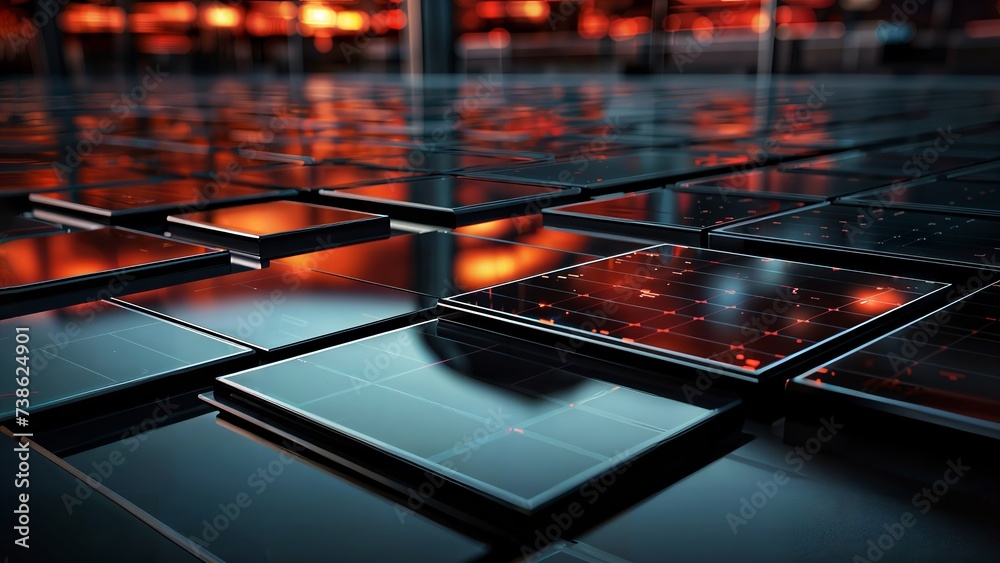 Solar sails: a cyber background with black and red squares and glowing ...