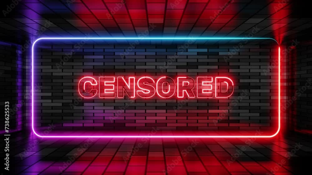 Neon sign censored in speech bubble frame on brick wall background 3d ...