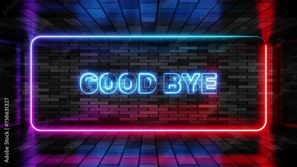 Neon sign good bye in speech bubble frame on brick wall background 3d ...