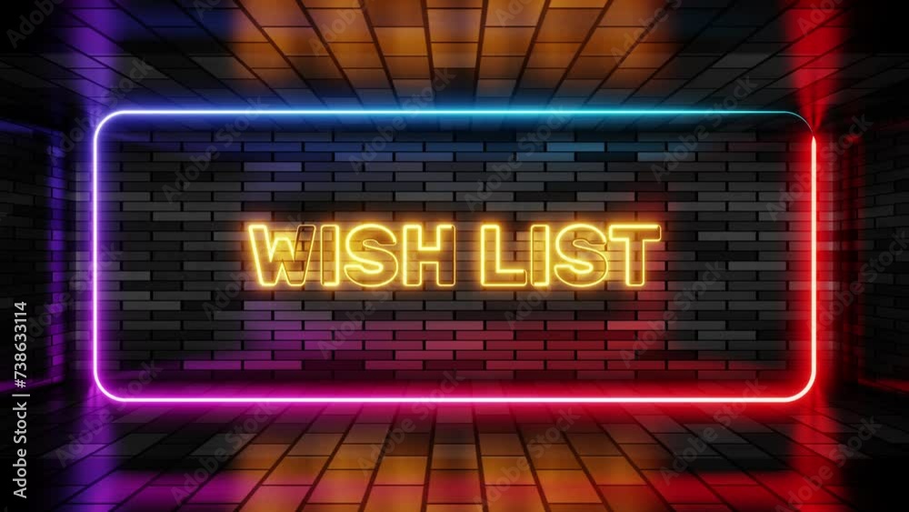 Neon sign wish list in speech bubble frame on brick wall background 3d ...