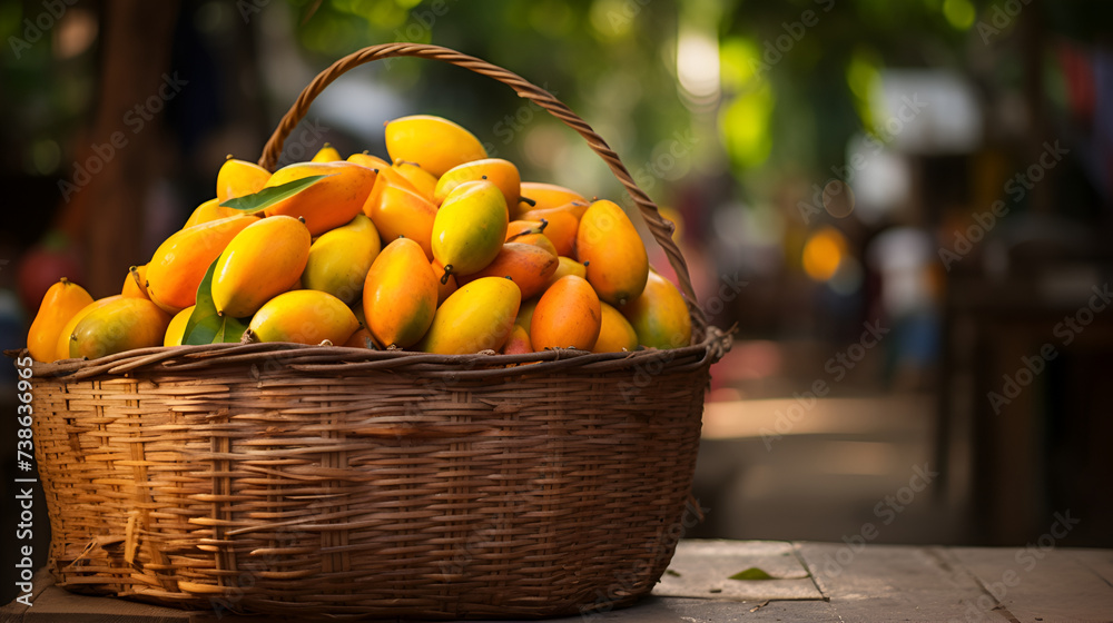 Close up of Mangoes in the basket. Indian ripe mangoes are being sold ...