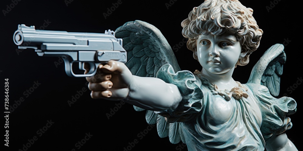 A statue of an angel holding a gun. Perfect for adding a touch of ...