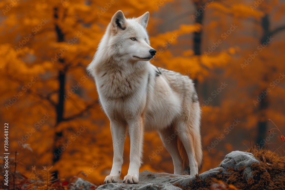 A majestic white wolf surveys the autumn landscape from atop a rugged ...