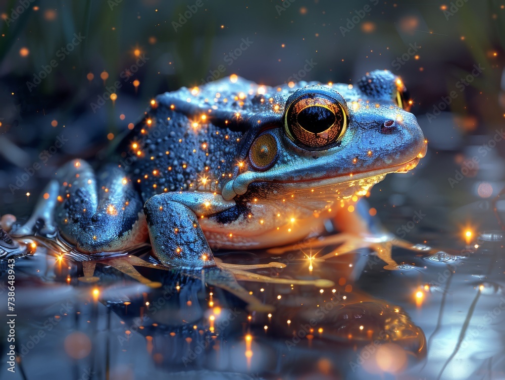 Frog with a skin that shimmers like a constellation leaping into a pond ...