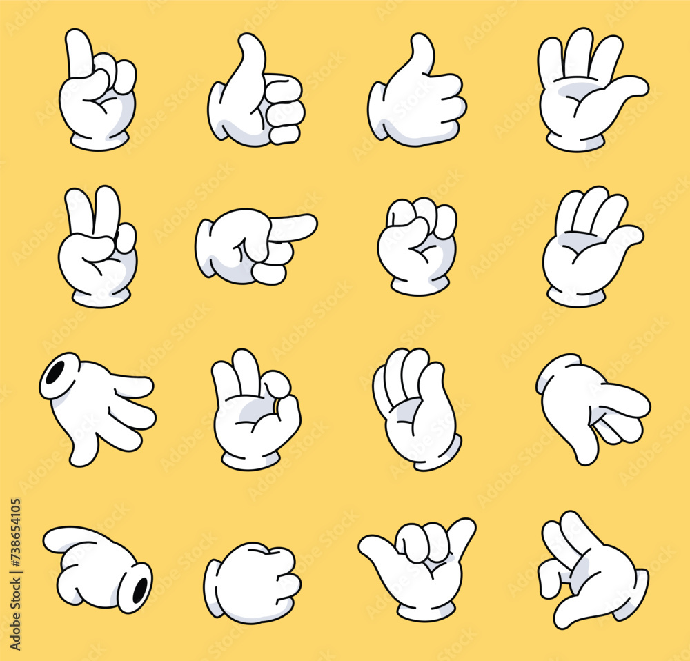 Comic hands in white gloves. Different types of hand gestures. Palms in ...