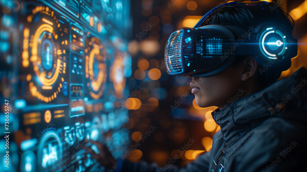 Virtual reality interface with holographic projections, highlighting ...