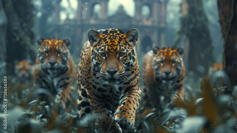 Jade jaguars prowling the castle grounds blending into the greenery ...