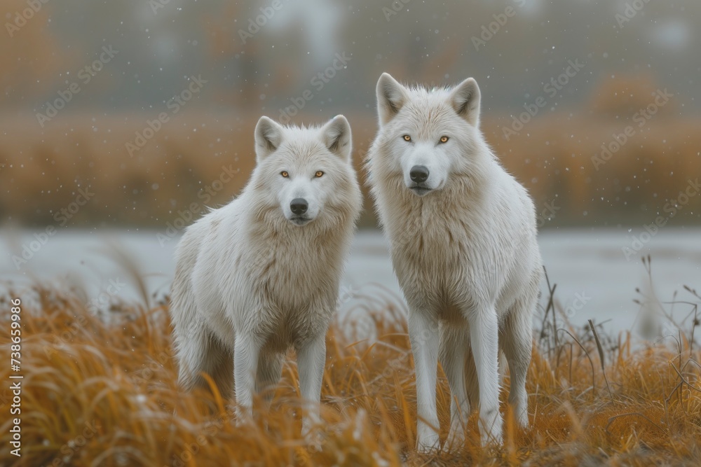 Two swift foxes, one red and one white, stand tall in a snowy field ...
