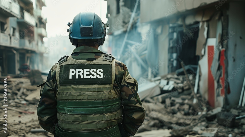 A reporter stands at a disaster site, wearing a safety helmet and press ...