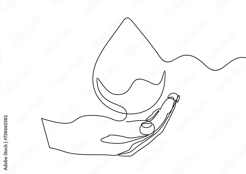 Hand holding water drop continuous line drawing. Blood or oil drop in ...
