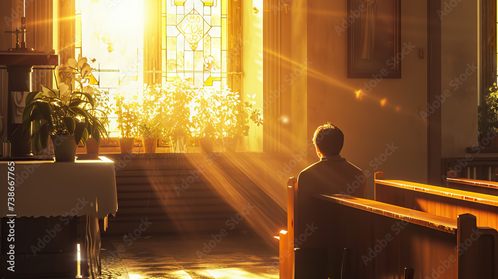 Prayerful Meditation: Catholic Church. Individual in Quiet Prayer Nook ...