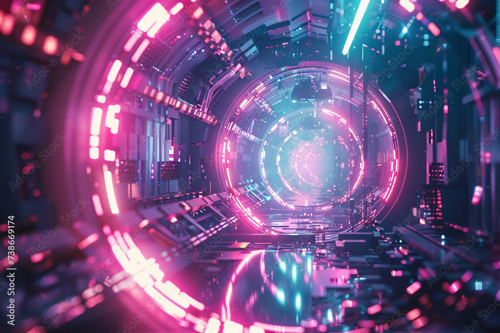 Time manipulation visualized through a high tech illuminated portal ...
