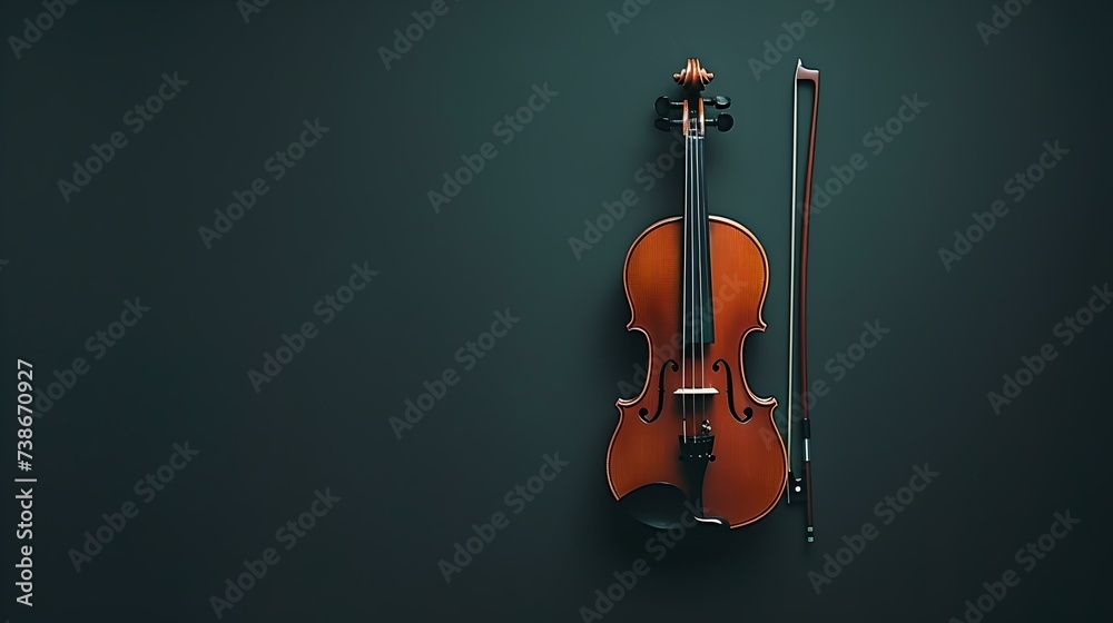 Elegant violin with bow depicted on a dark backdrop, minimalist ...