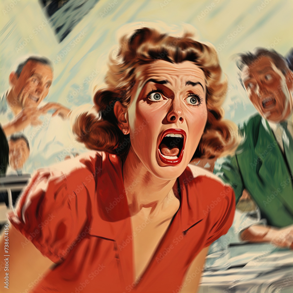 Vintage 1950s inspired illustration featuring a shocked woman screaming ...