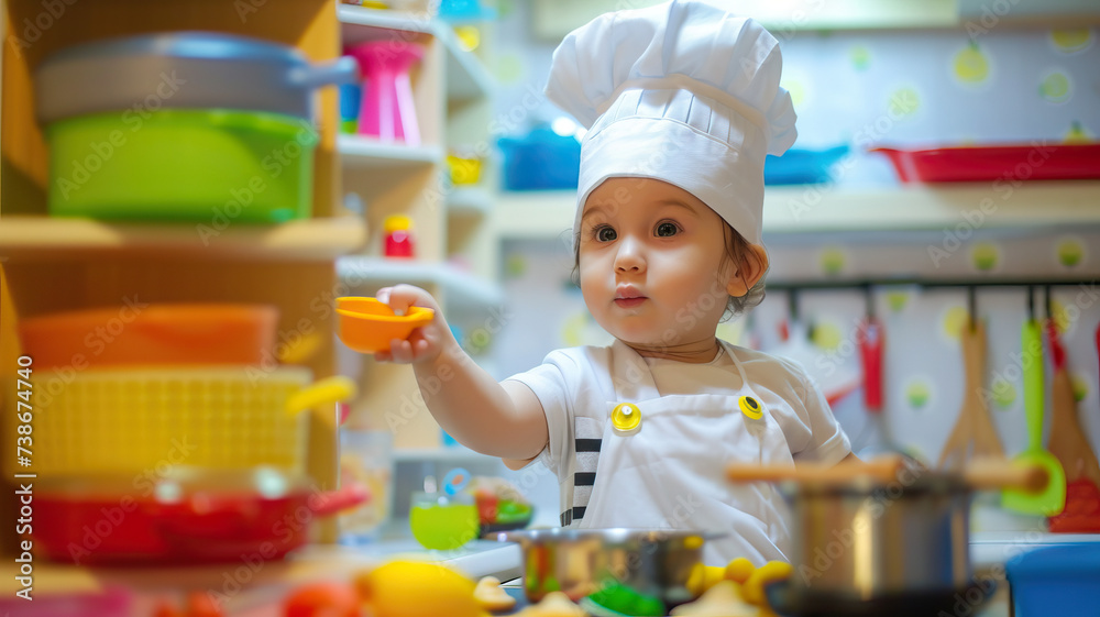 Toddler Chef: A toddler in a chef's hat and apron, pretending to cook ...