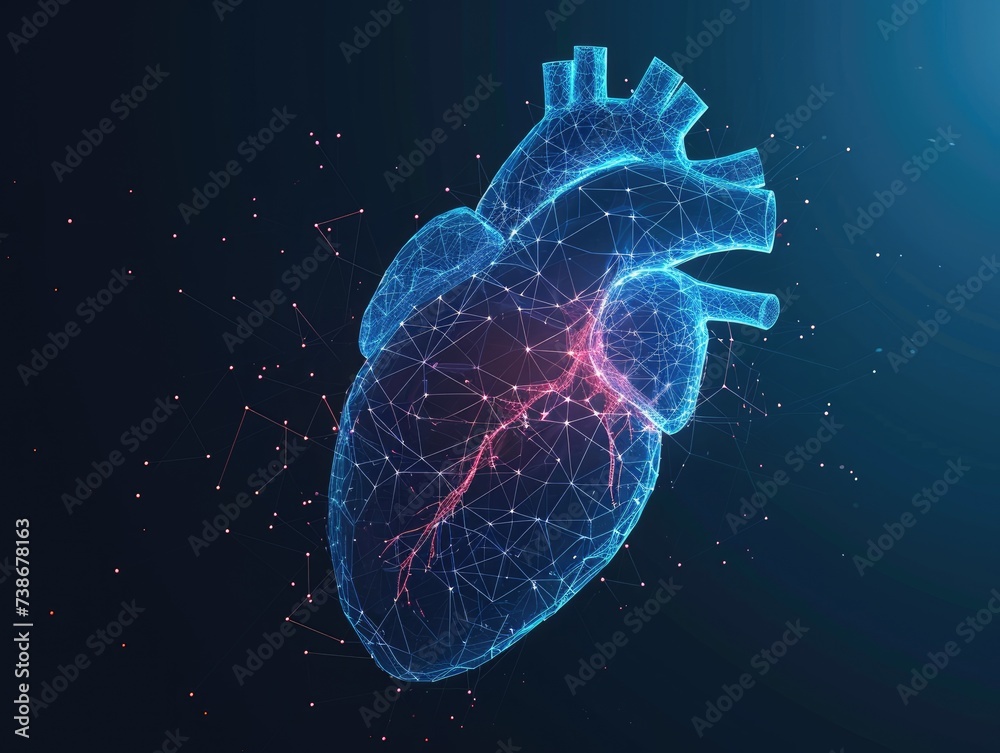 The heart is intricately modeled in shades of blue, symbolizing its ...