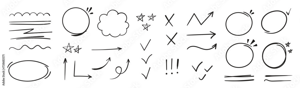 Black line check mark, underline, circle. Hand drawn doodle sketch red ...