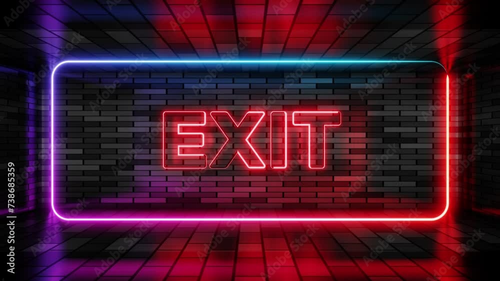 Neon sign exit in speech bubble frame on brick wall background 3d ...