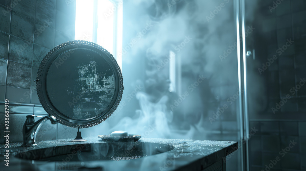 condensation and steam in a bathroom from a hot shower, water droplets ...