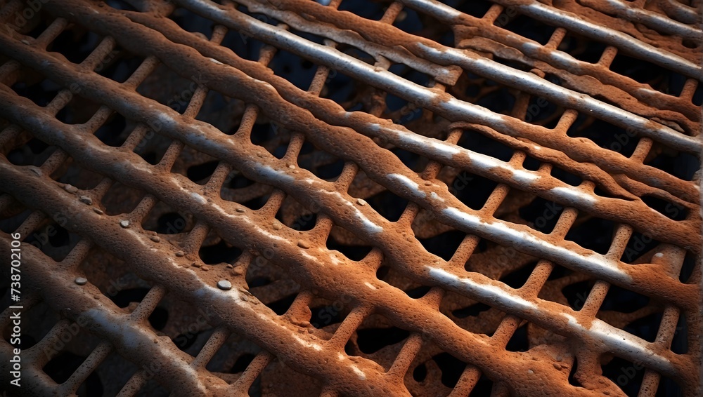 Distressed metal grating with rust and dents, casting dramatic shadows ...