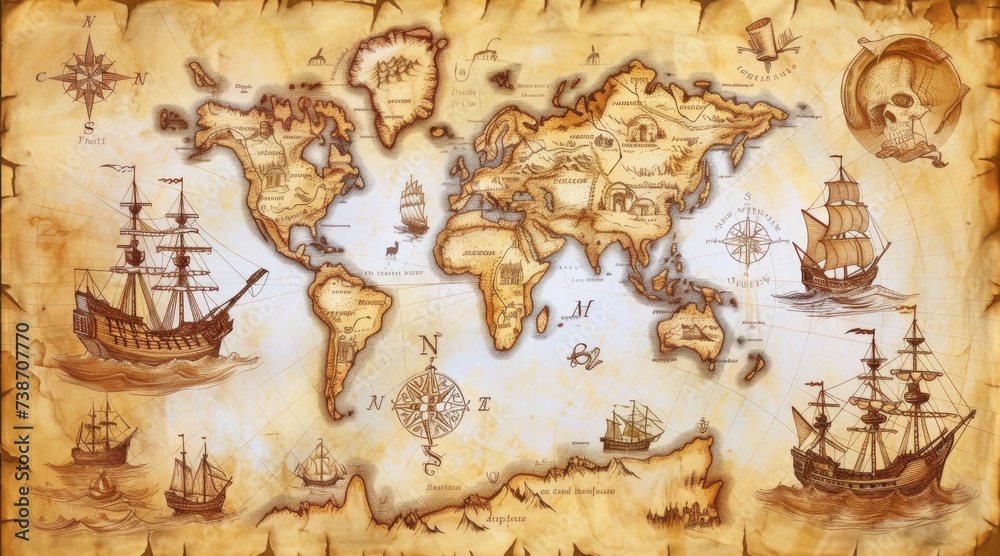 Vintage Pirate map with ships, islands and nautical signs. Retro ...