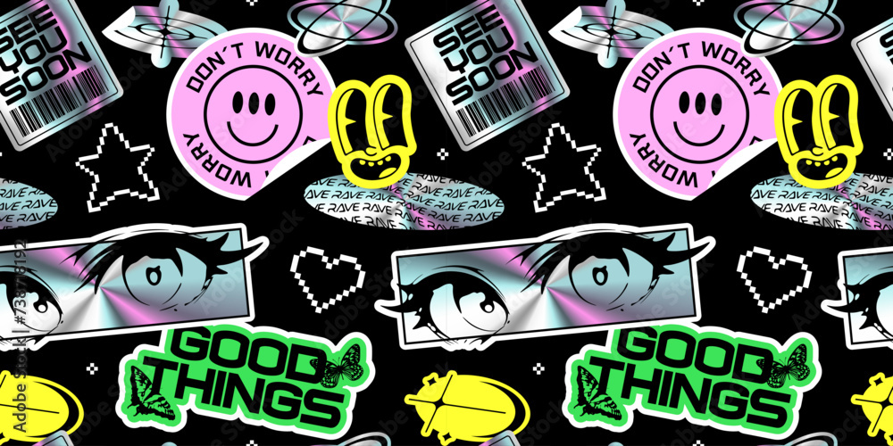 Trendy holographic Y2K sticker seamless pattern. Retro 2000s text quote label background ...