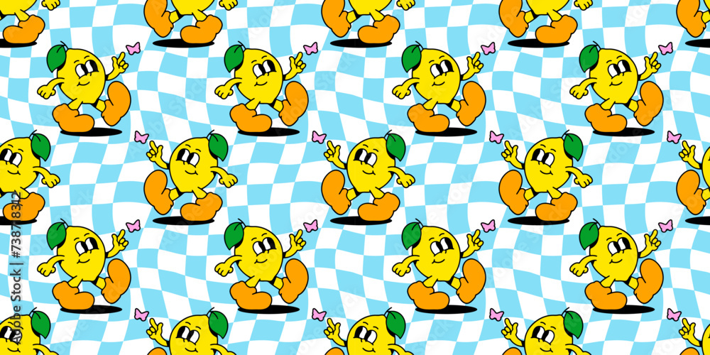 Vintage lemon fruit cartoon character seamless pattern. Trendy retro ...