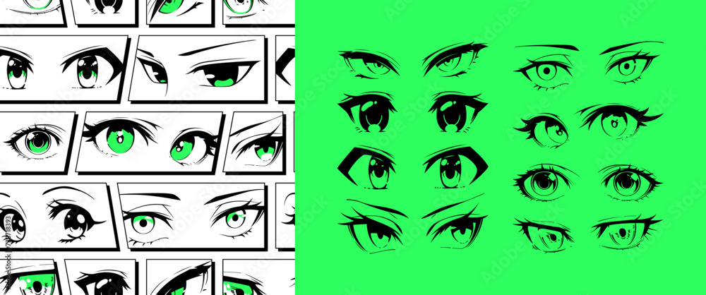 Japanese anime eye seamless pattern illustration set. Manga cartoon ...