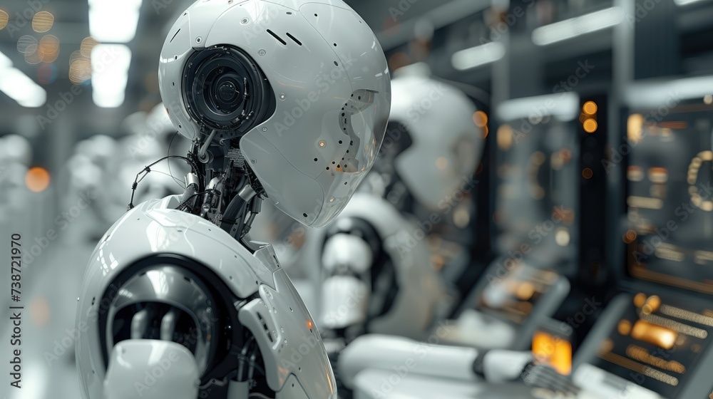 A futuristic workspace, autonomous robots and humans indistinguishable, performing tasks side by ...