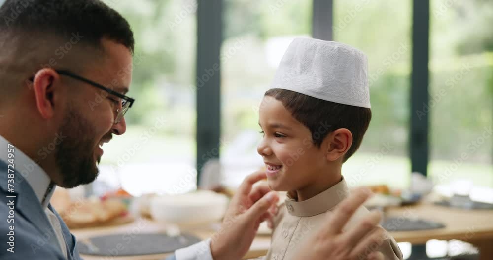 Dad, hug and muslim child in home, dressing and happy family bonding ...
