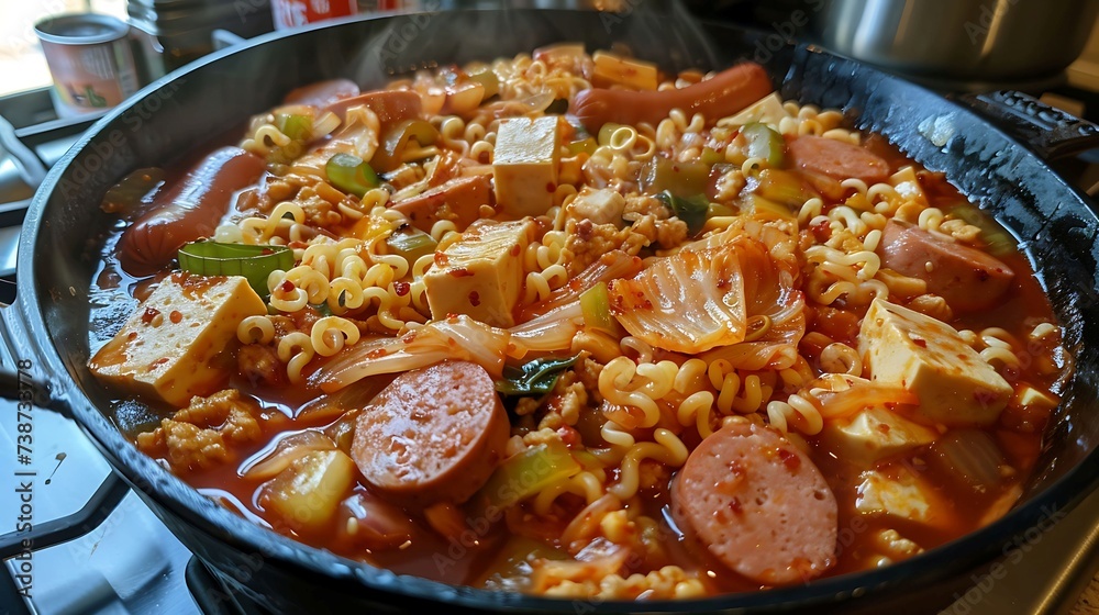 Foto de Korean army stew (budae jjigae) with kimchi, spam, hot dogs ...