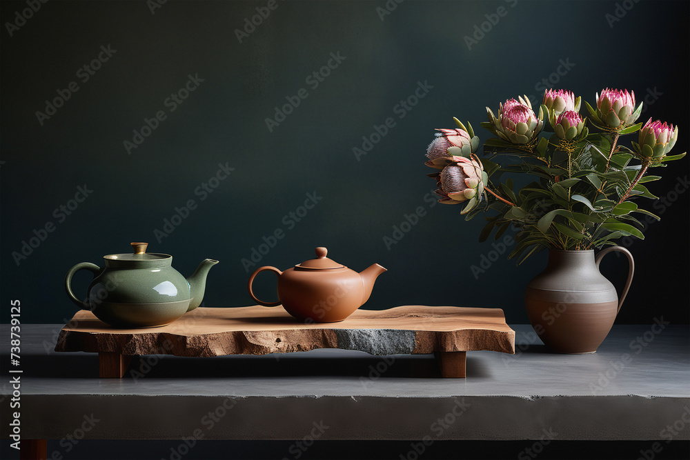 Ceramic vase with bouquet of proteas and ceramic teapots. Minimalist ...