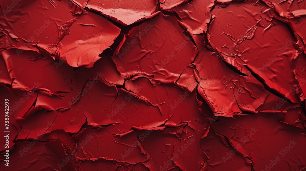 This image features a deeply textured red surface with cracked patterns ...