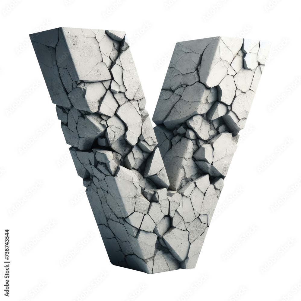 Letter V. Cracked apocalyptic letter. 3D concrete old cracked alphabet ...