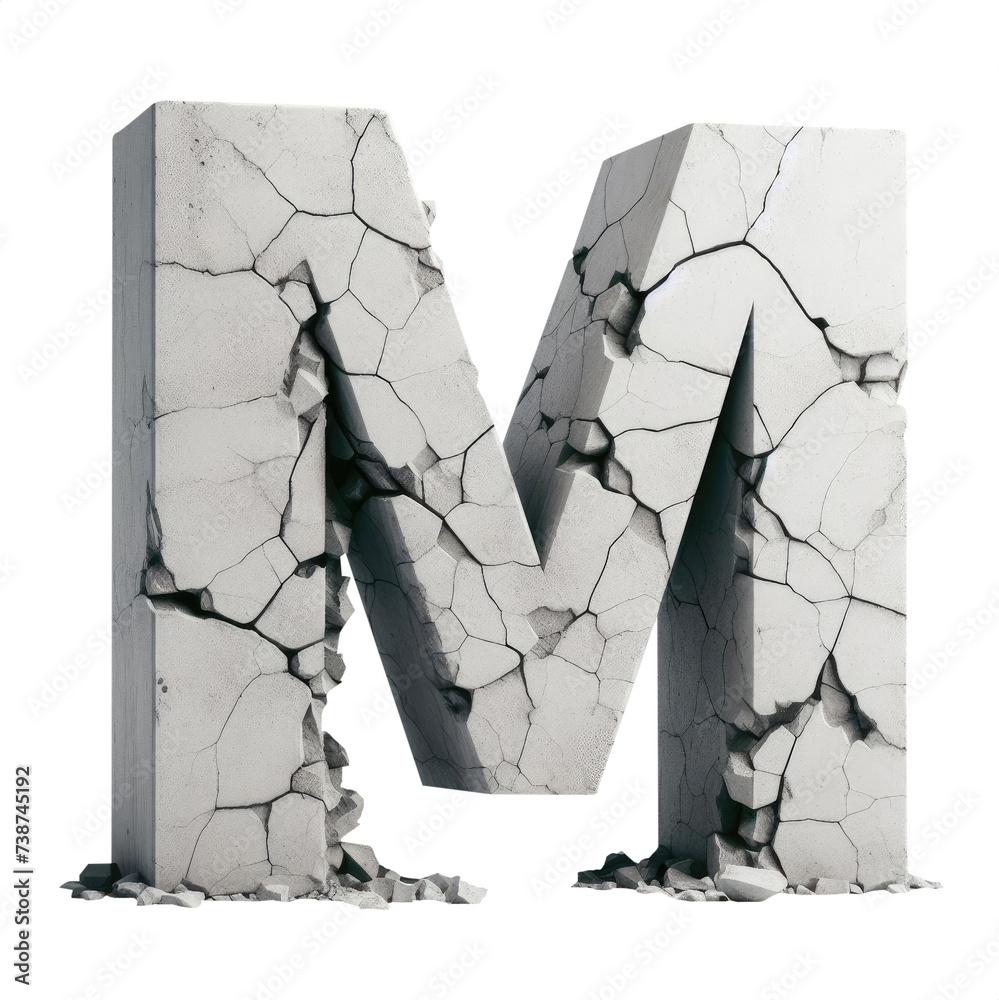 Letter M. Cracked apocalyptic letter. 3D concrete old cracked alphabet ...