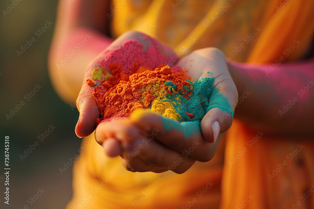 Holi festival or festival of colours.Hands cupped together, covered in ...