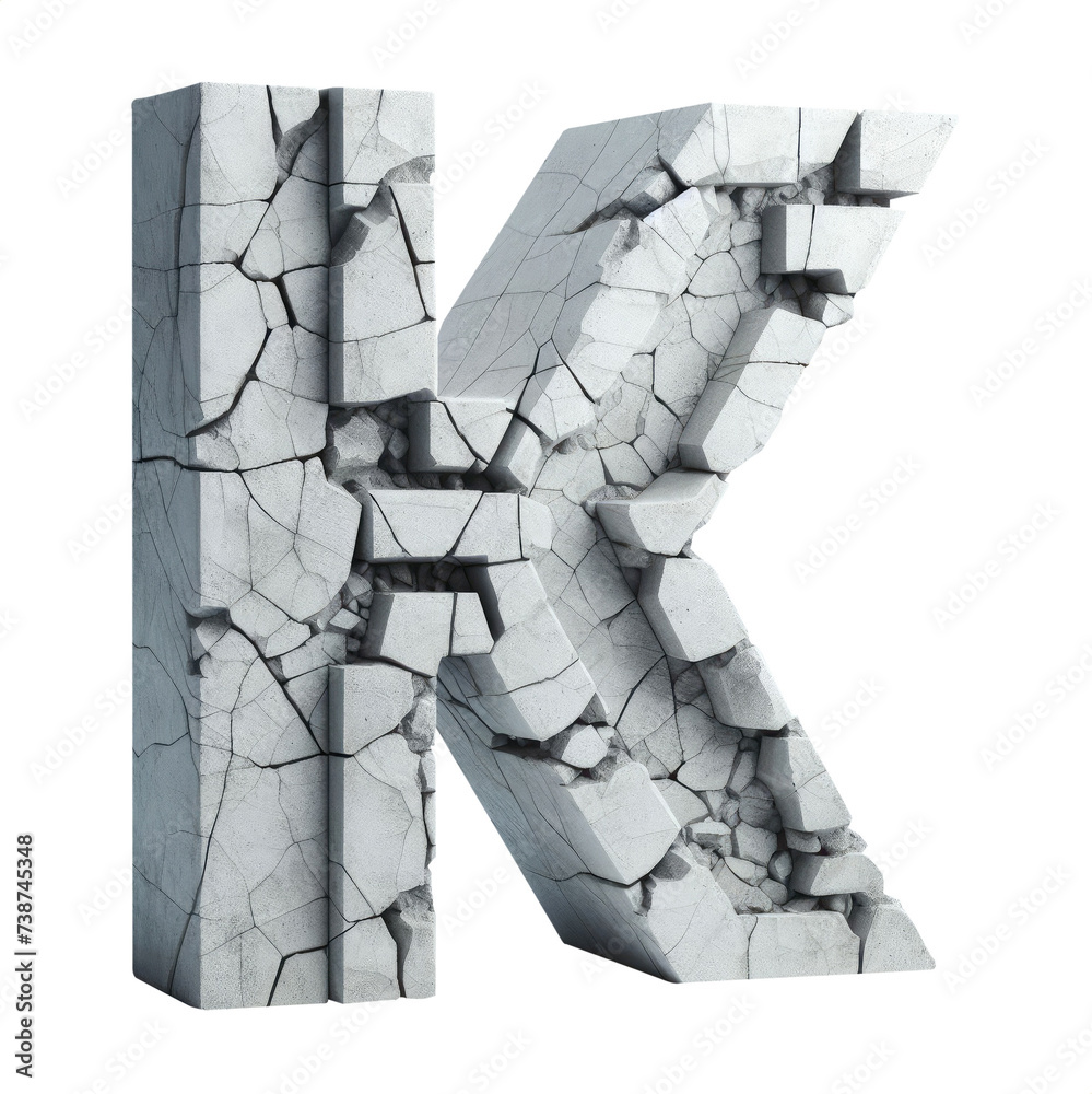 Letter K. Cracked apocalyptic letter. 3D concrete old cracked alphabet ...