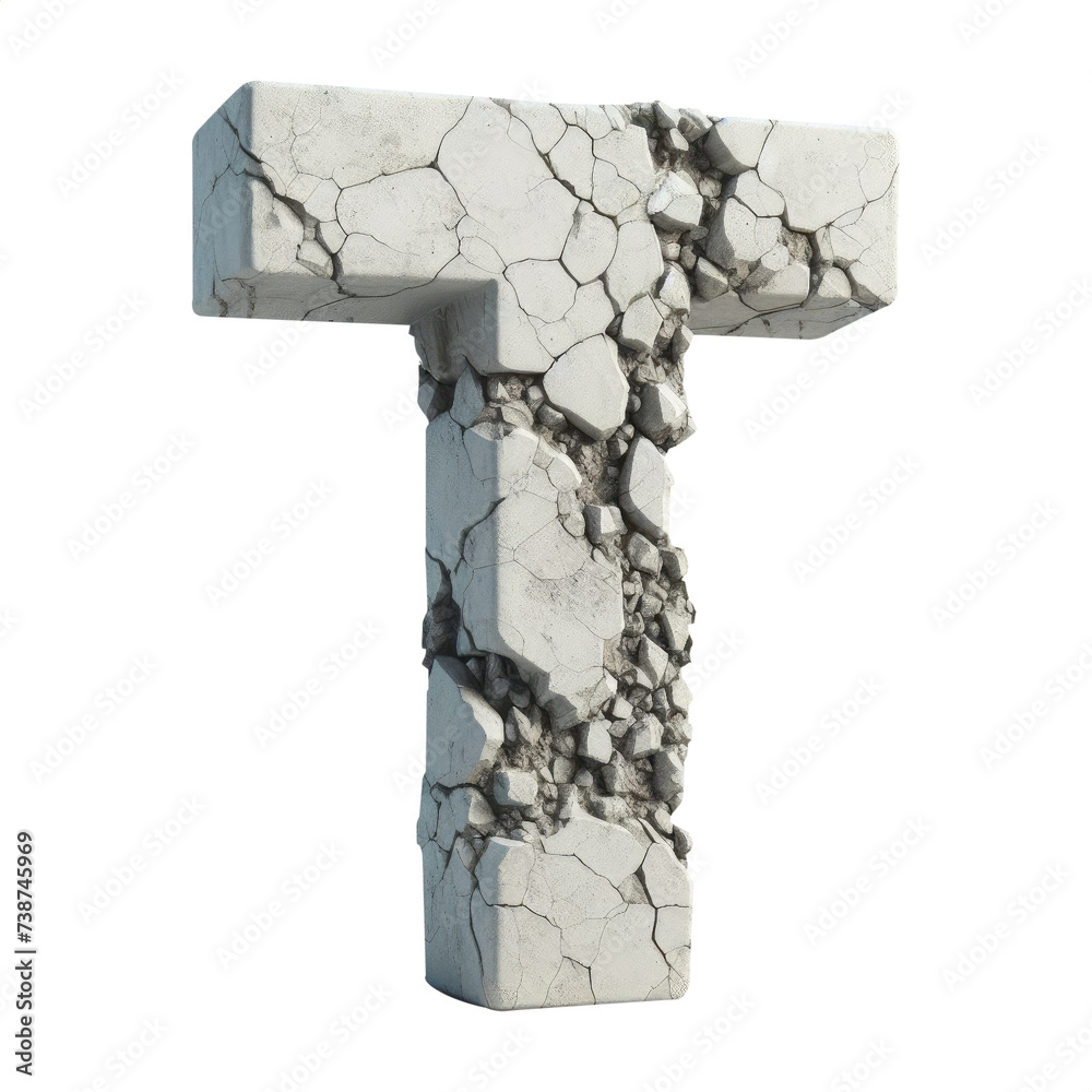 Letter T. Cracked apocalyptic letter. 3D concrete old cracked alphabet ...