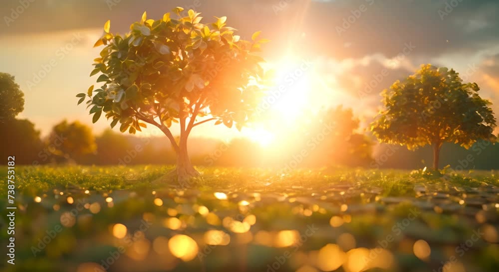 A visionary landscape where trees with leaves of various currencies ...