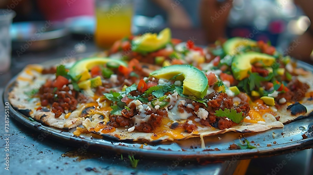 Mexican tlayuda Oaxacan pizza with refried beans, cheese, chorizo ...
