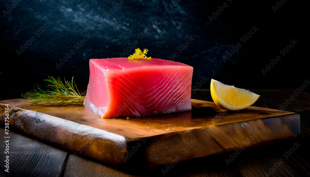 A fresh tuna fillet on a slate plate with a black background. Photo ...