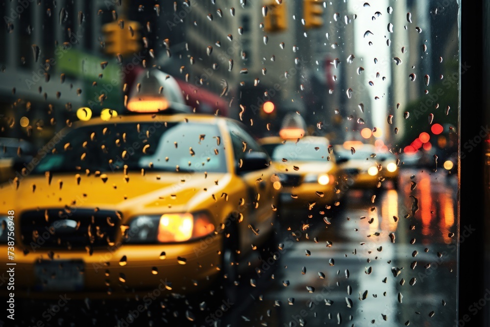 Yellow car in rainy road scene Looking through a wet window with rain ...
