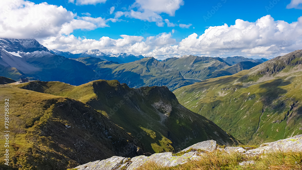 Panoramic view of majestic snow capped mountain peaks in Glockner group ...