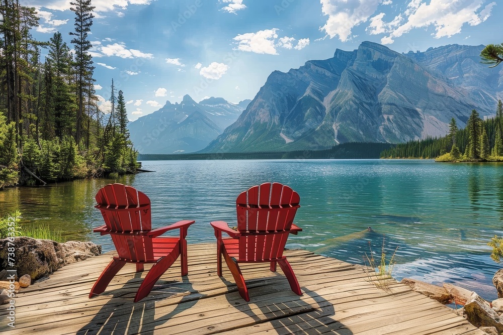 Two red chairs sit on a wooden dock, their backs facing the vast ...