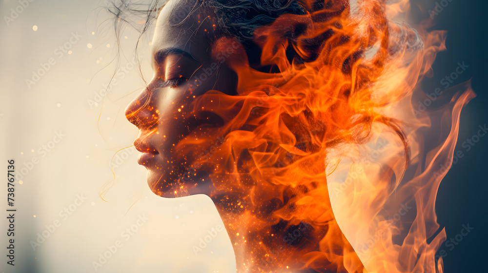 Fire in the head. Double face exposure side profile of a young woman ...