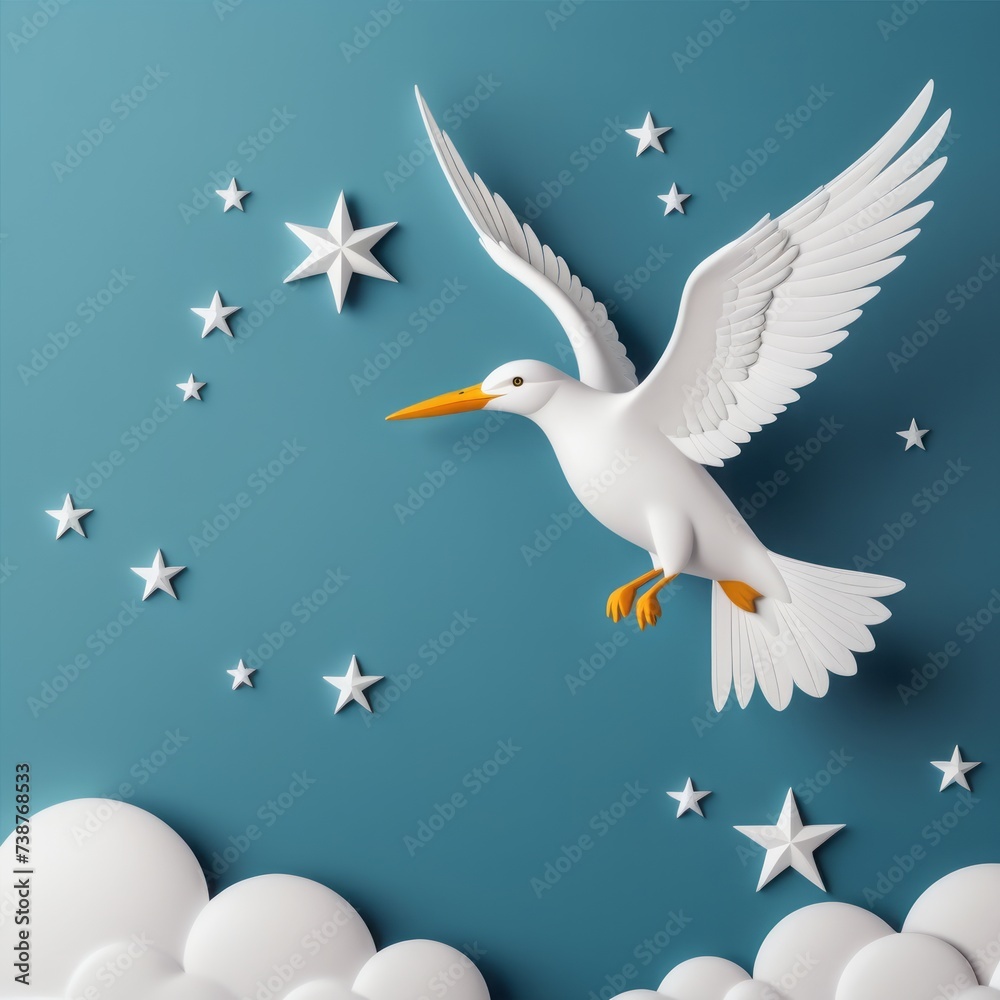 3d illustration of white paper airplane, flying stars and moon, white ...