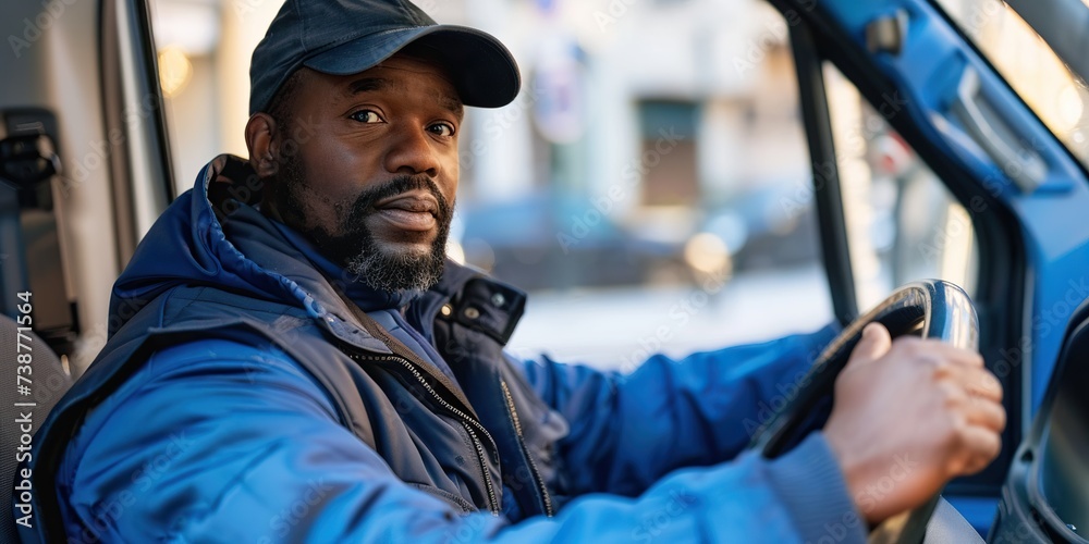 Delivery person slouched over their vehicle steering wheel, close-up ...