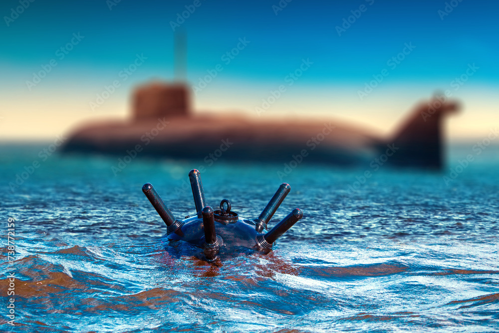Sea mine near submarine. Ocean is mined to restrict shipping. Submarine ...